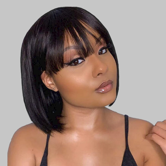 Glueless Top 2x4 Lace Curly Short Bob Wig With Bangs Human Hair Wigs B – Hermosa Hair
