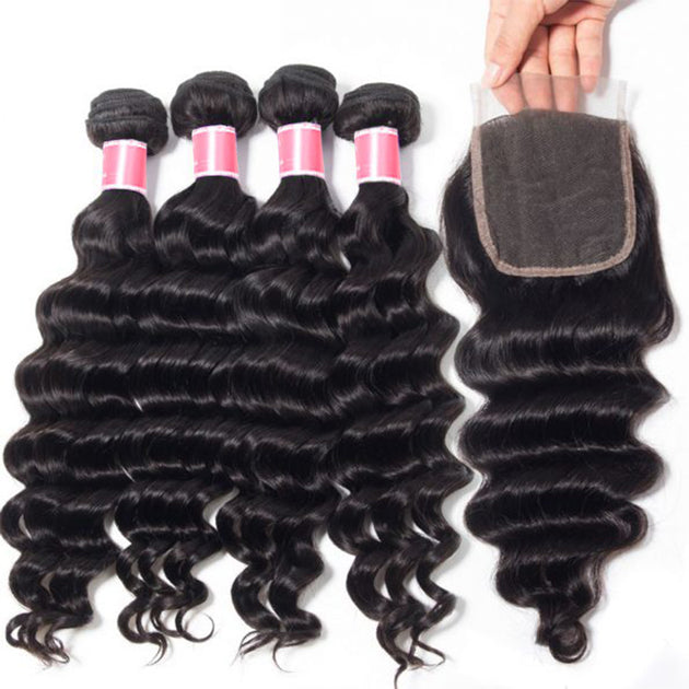 Brazilian Loose Deep Wave 4 Bundles with 4*4 Lace Closure Virgin Human – Hermosa Hair