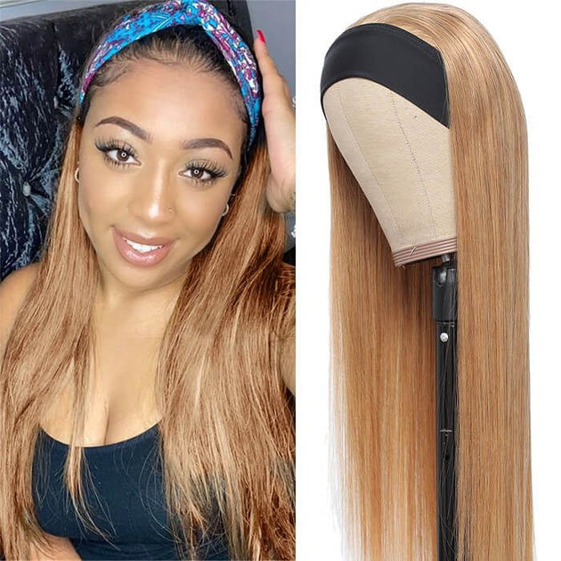 #27 Honey Blonde Headband Wigs Straight/Body Wave Human Hair Half Wigs ...