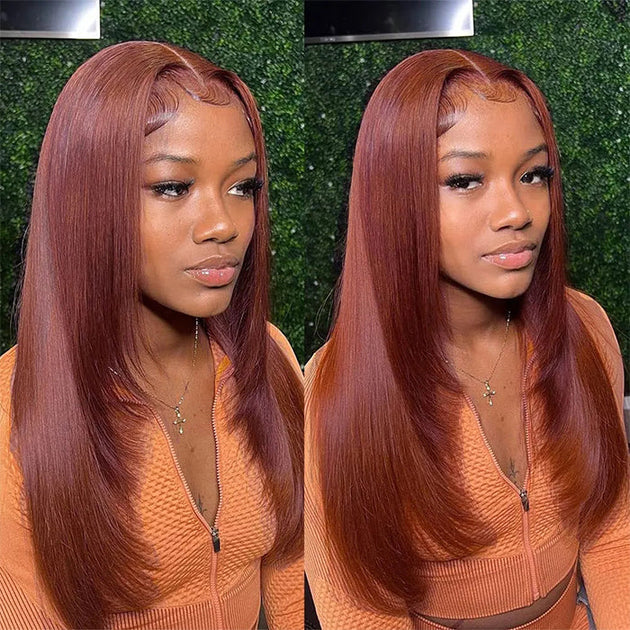 #33 Reddish Brown Layered Cut Straight Wigs 13x4/5x5 HD Lace Frontal H ...