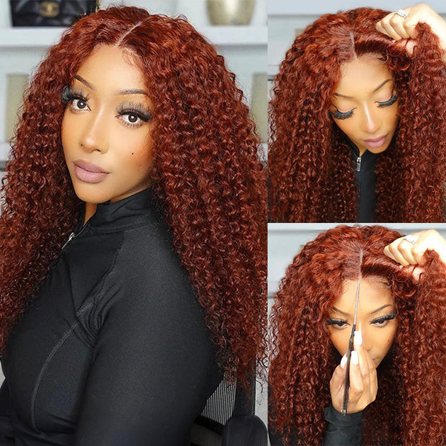Reddish Brown Curly Glueless Wig Pre-plucked 8x5 Pre Cut HD Lace Wig Q ...