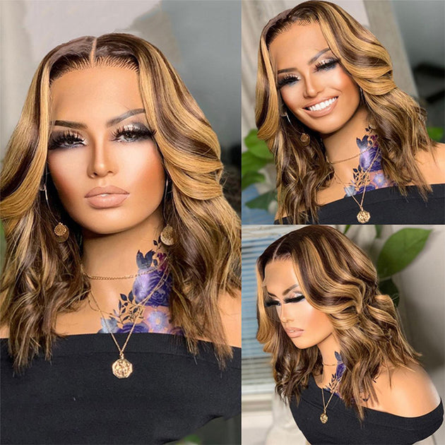 Body Wave P4/27 Highlight Short Bob Wigs 13x4/4x4 Lace Front Human Hai ...