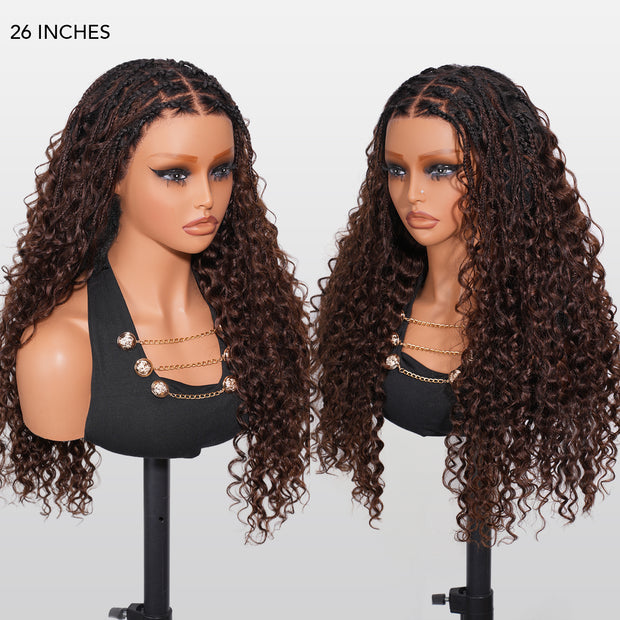 Knotless Boho Braided Human Hair Wigs Water Wave Glueless 13x6 HD Lace ...