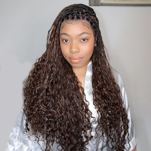 Boho Braided Wigs Pull Go Drawstring 13x6 HD Lace Frontal Human Hair W ...