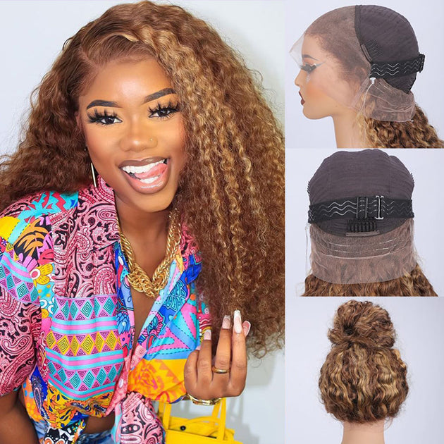 Ombre 4/27 Highlight Curly Wigs Invisi String Snug Fit 360 Pre Everyth ...