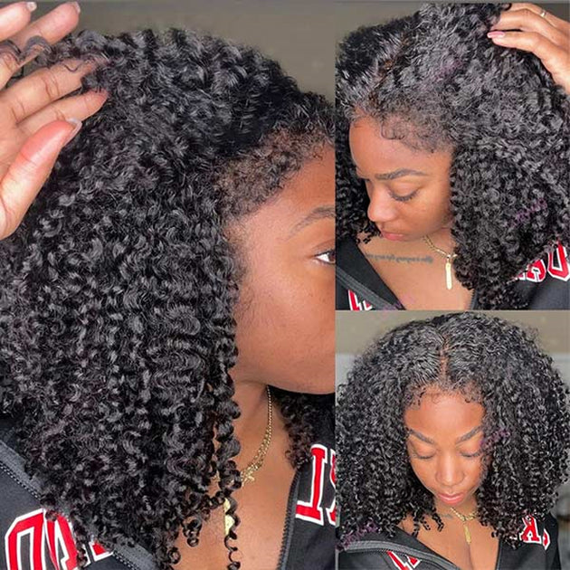4C Edges Lace Front Bob Wig Glueless Curly Human Hair Wig with Pre Plu ...