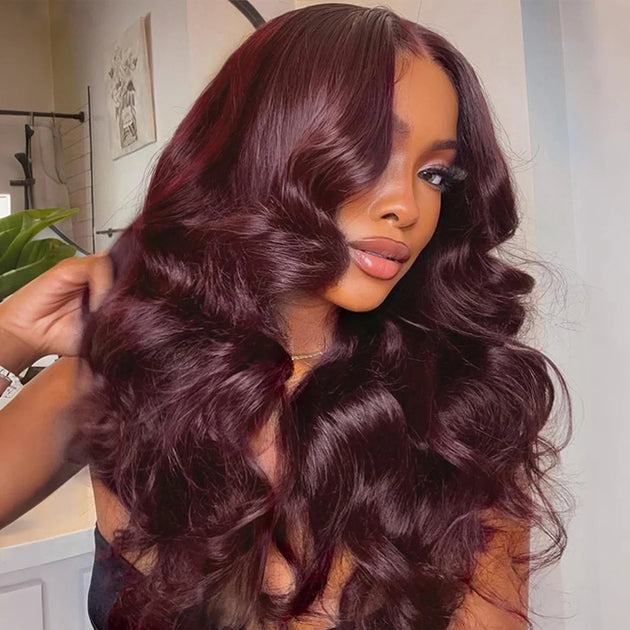 Black Cherry Body Wave 360 Lace Frontal Wigs Invisible-Pull String Glu ...
