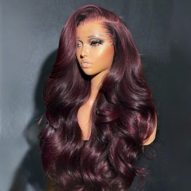 Black Cherry Body Wave 360 Lace Frontal Wigs Invisible-Pull String Glu ...