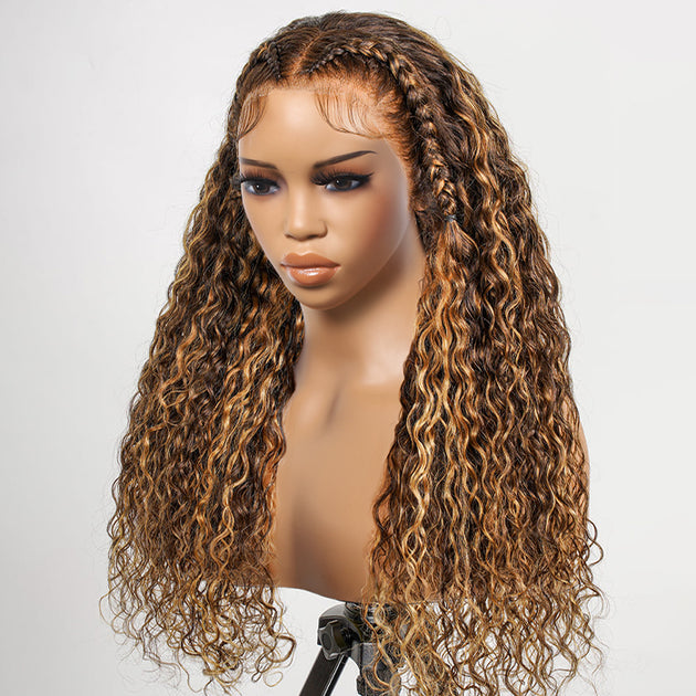 Pre Styled Butterfly Braids Wig Ombre Highlight Brown Color Water Wave ...