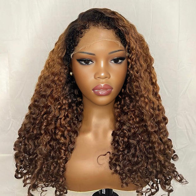 Glueless 4C Edges Hairline Curly Wigs Ombre Brown 13x4 Frontal HD Lace ...