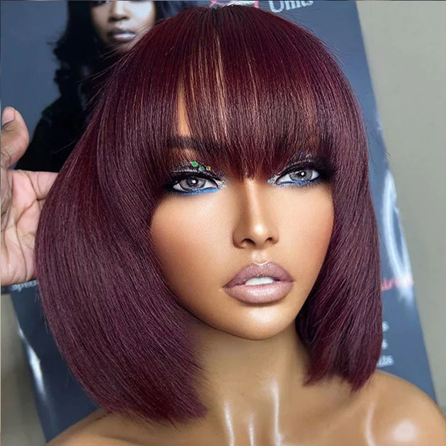 220% Density Realistic Glueless Straight Bob with Bangs Pre Cut 5x5 HD ...