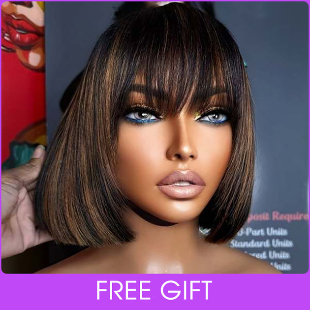 10inch Highlight Bob Wig With Bangs Glueless 5x5 HD Lace Human Hair Wi ...