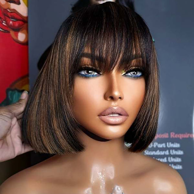 Highlight Bob Wig With Bangs Glueless 5x5 HD Lace Human Hair Wig 10inc ...