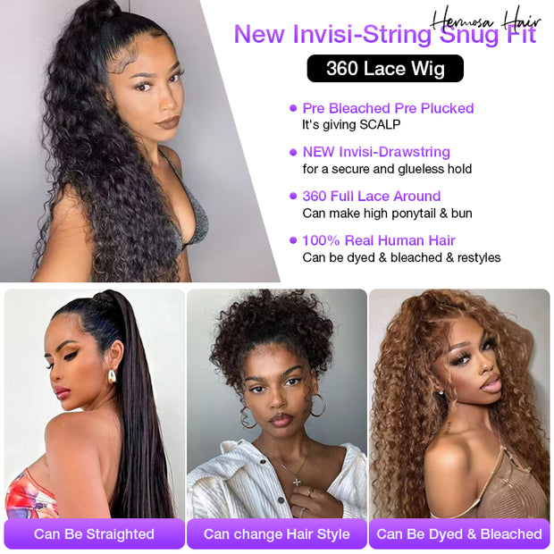 Water Wave Invisi-Pull String Snug Fit 360 HD Lace Frontal Glueless Wi ...