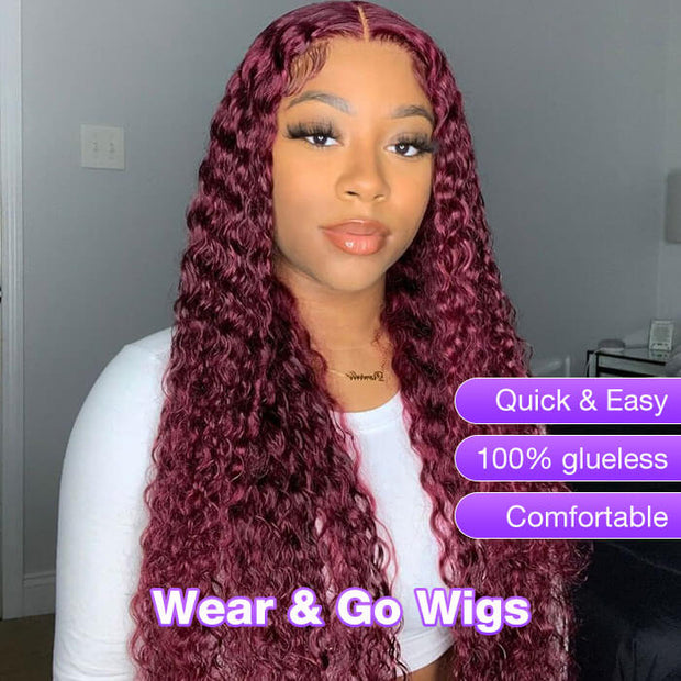 #99J Burgundy Wig Deep Wave Glueless Ready & Go Pre Cut Lace Closure W ...