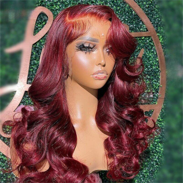 99J Burgundy Color C Part Wig 13x4 HD Lace Front Human Hair Wigs With ...