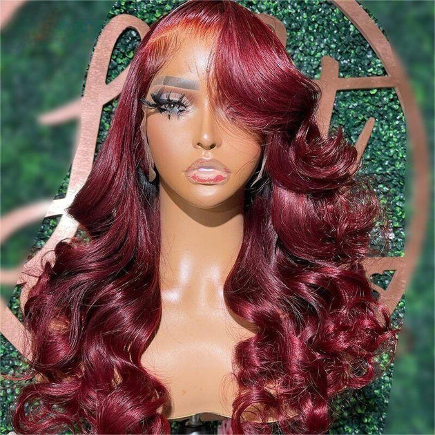 99J Burgundy Color C Part Wig 13x4 HD Lace Front Human Hair Wigs With ...