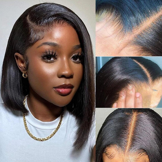 Asymmetrical Blunt Cut Bob Side Part Straight Glueless HD Lace Front W ...