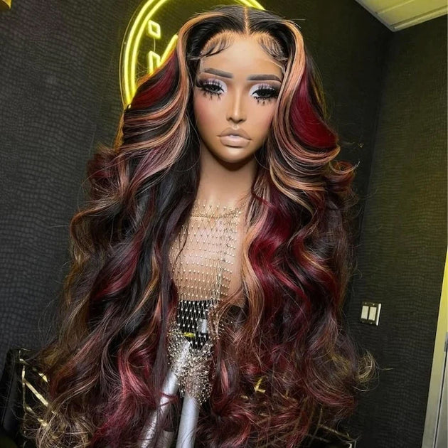 Multi Color Red And Blonde Highlights 13x4 Lace Front Body Wave Wig ...