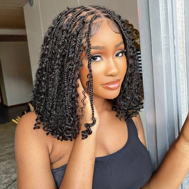 Knotless HD Lace Human Hair Braided Curly Wig Glueless 13x6 Frontal La ...