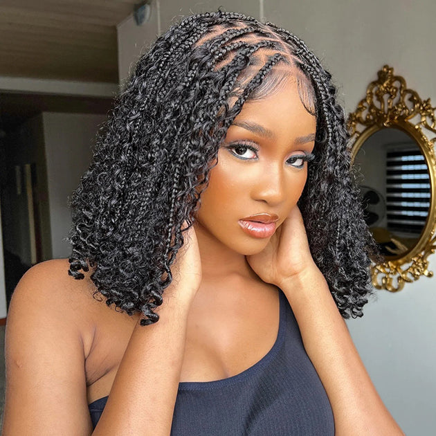 Knotless HD Lace Human Hair Braided Curly Wig Glueless 13x6 Frontal La ...