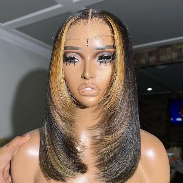 Glueless Straight Layer Cut Bob Wig Human Hair Salon Hairstyle Transpa ...