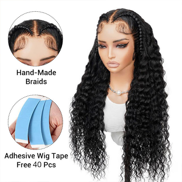 Pre Braided Wig Deep Wave 13x4 13x6 Pre Cut Lace Frontal Glueless Huma ...