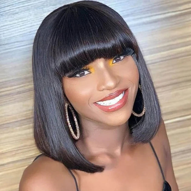 Short Bob Straight Wig With Bangs Glueless None Lace Full Machinemade ...