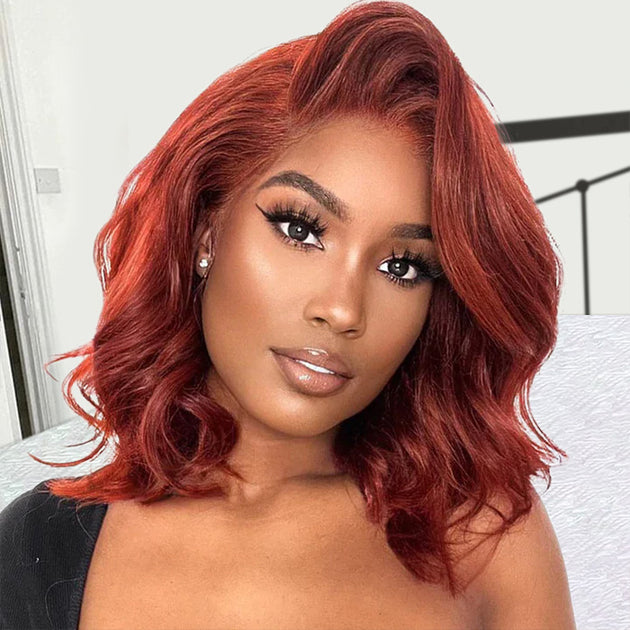 #33 Dark Auburn Color Body Wave 13x4/5x5 HD Lace Frontal Wigs Short Bo ...