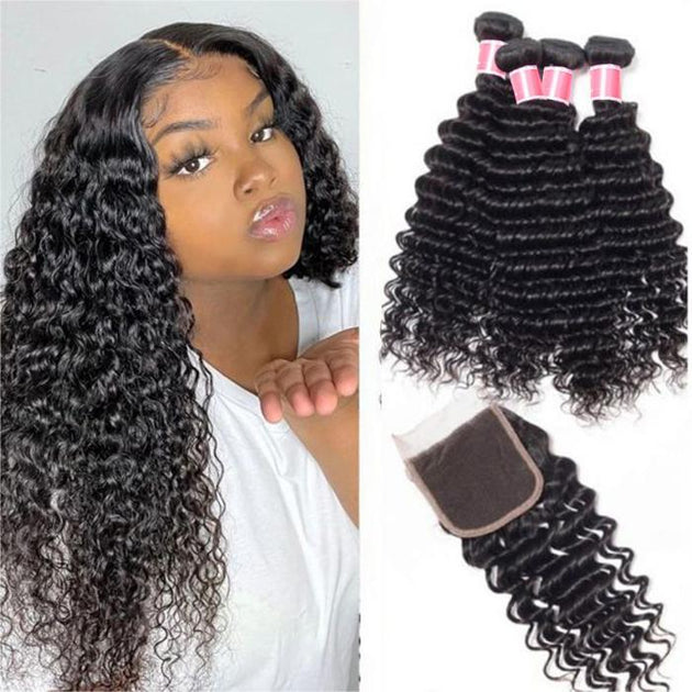 Peruvian Deep Wave 4 Bundles with 4*4 Closure Soft Unprocessed Virgin ...