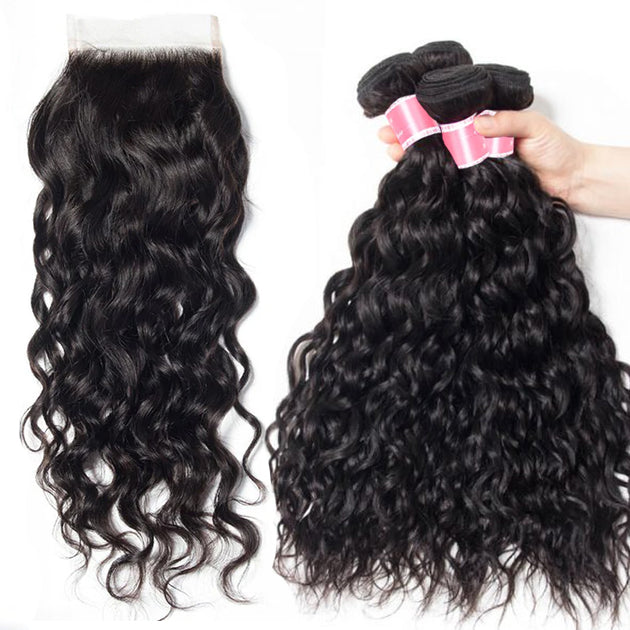 Peruvian Water Wave 4 Bundles with 4*4 Closure Soft Unprocessed Virgin ...