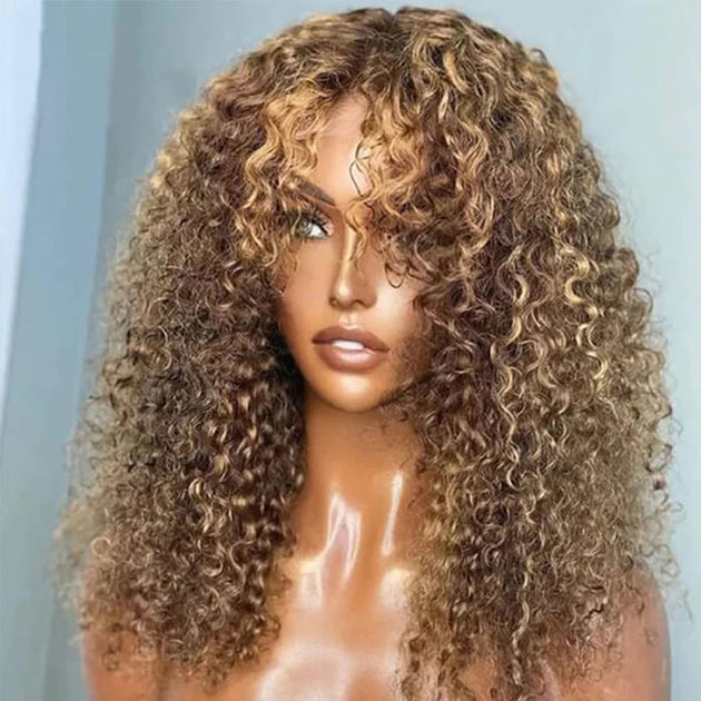 4/27 Honey Blonde Highlights Curly Human Hair Wigs with Bangs Glueless ...