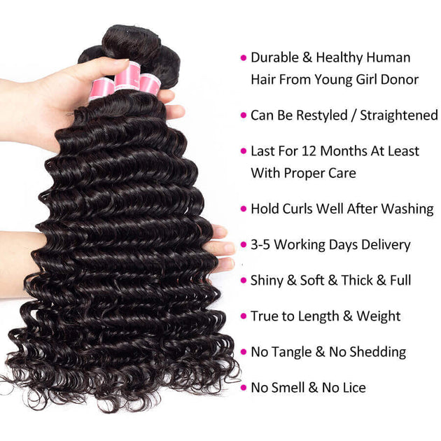 Peruvian Deep Wave 3 Bundles with 4*4 Lace Closure Virgin Human Hair ...