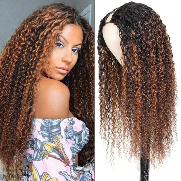 V/U Part Wig Curly Balayage Highlight Color Wigs Human Hair Beginner F ...