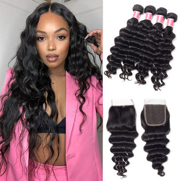 Brazilian Loose Deep Wave 4 Bundles with 4*4 Lace Closure Virgin Human – Hermosa Hair