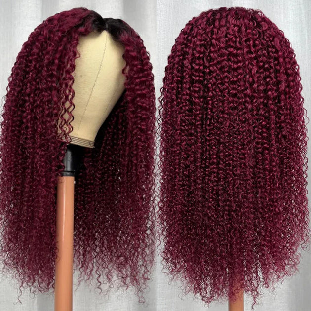 Glueless V/U Part Jerry Curly Wig 99J Burgundy Red Color With Dark Roo ...