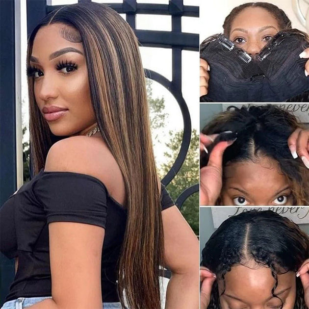 Hot Highlight Balayage Straight V/U Part Wig No Leave Out Glueless Hum ...